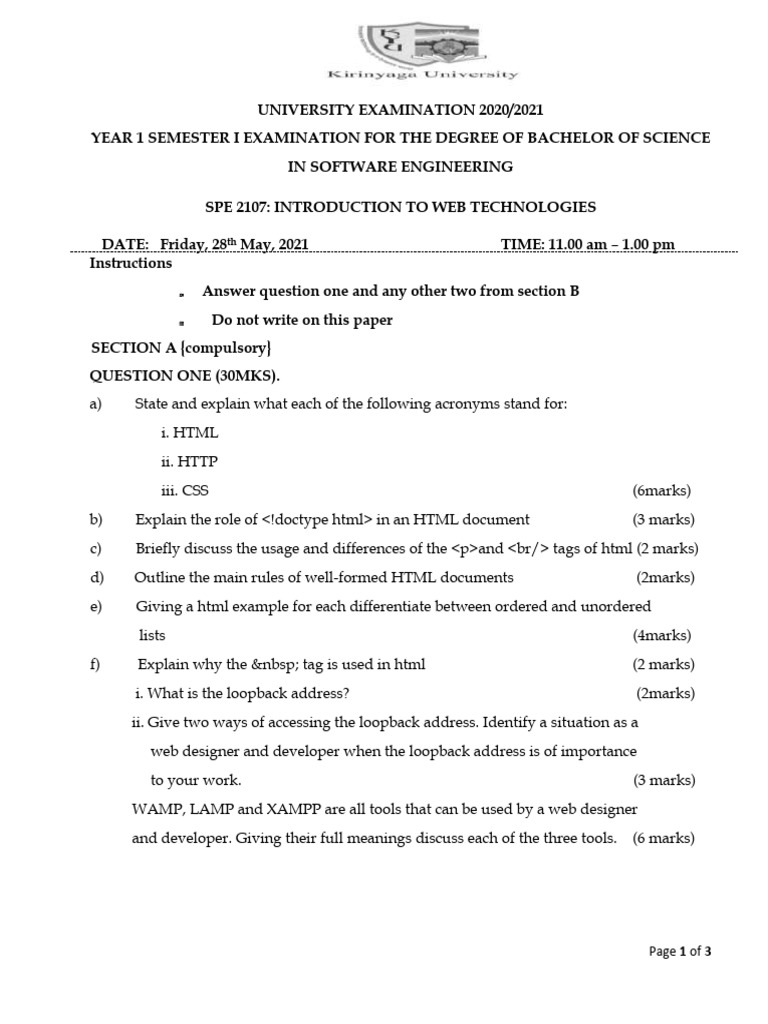 SPE 2107 Introduction To Web Technologies Year I Semester I | PDF ...