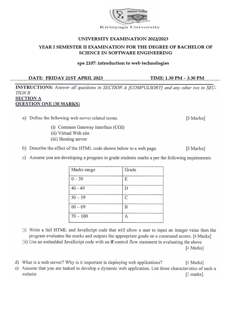 Spe 2107 Introduction To Web Technologies Year I Semester II | PDF