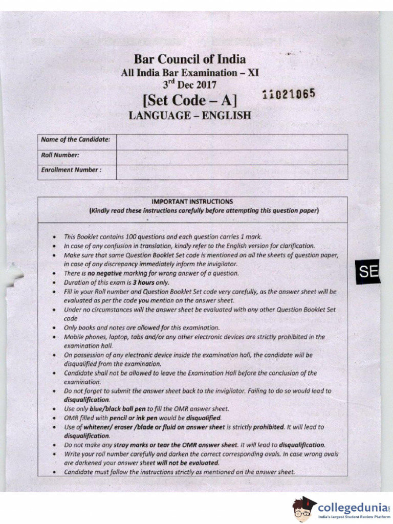 AIBE 11 Question Paper Set A | PDF