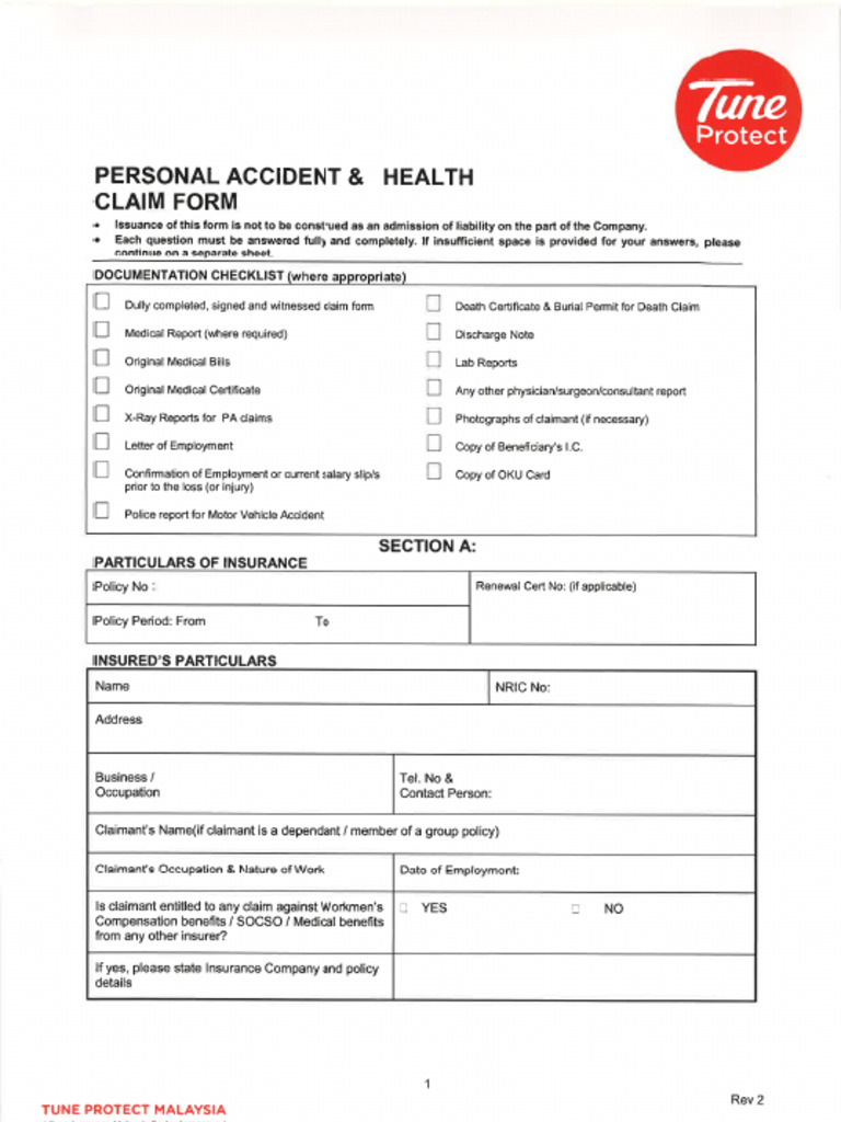 Personal Accident Claim Form | PDF