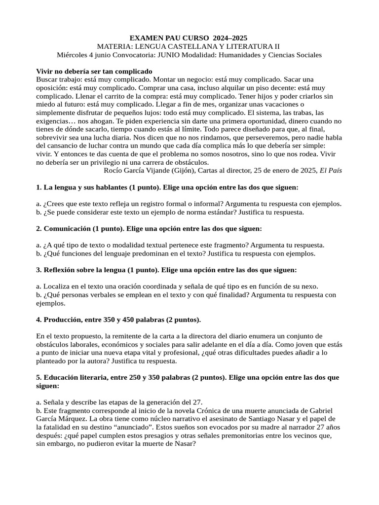Examen PAU Lengua Castellana 2025 | PDF