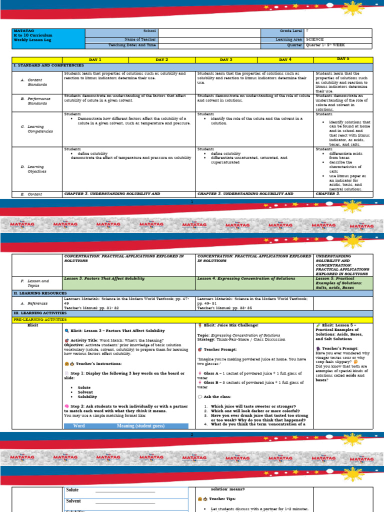 Science 7 DLL Week 5 - Q1 | PDF | Solubility | Taste