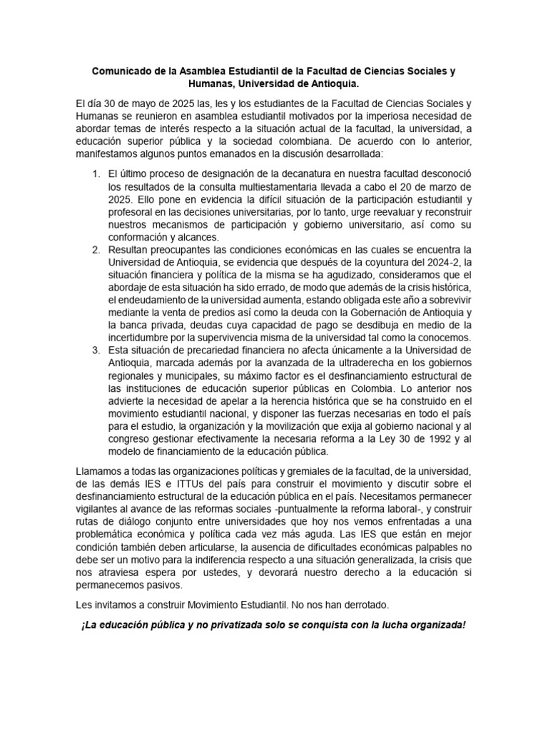 Comunicado de La Asamblea Estudiantil de La Facultad de Ciencias Sociales y Humanas | PDF | Deuda