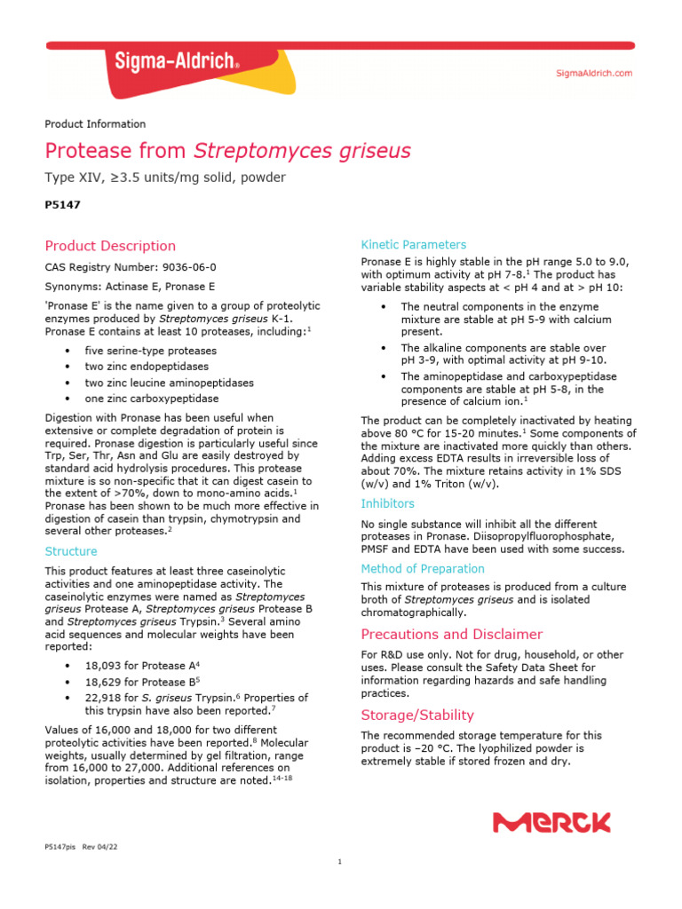 Pronase E: Protease from Streptomyces Griseus | PDF | Protease | Trypsin