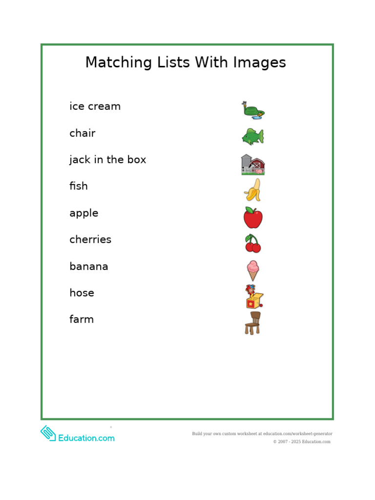 Matching Lists With Images: Ice Cream Chair Jack in The Box Fish Apple Cherries Banana Hose Farm ...
