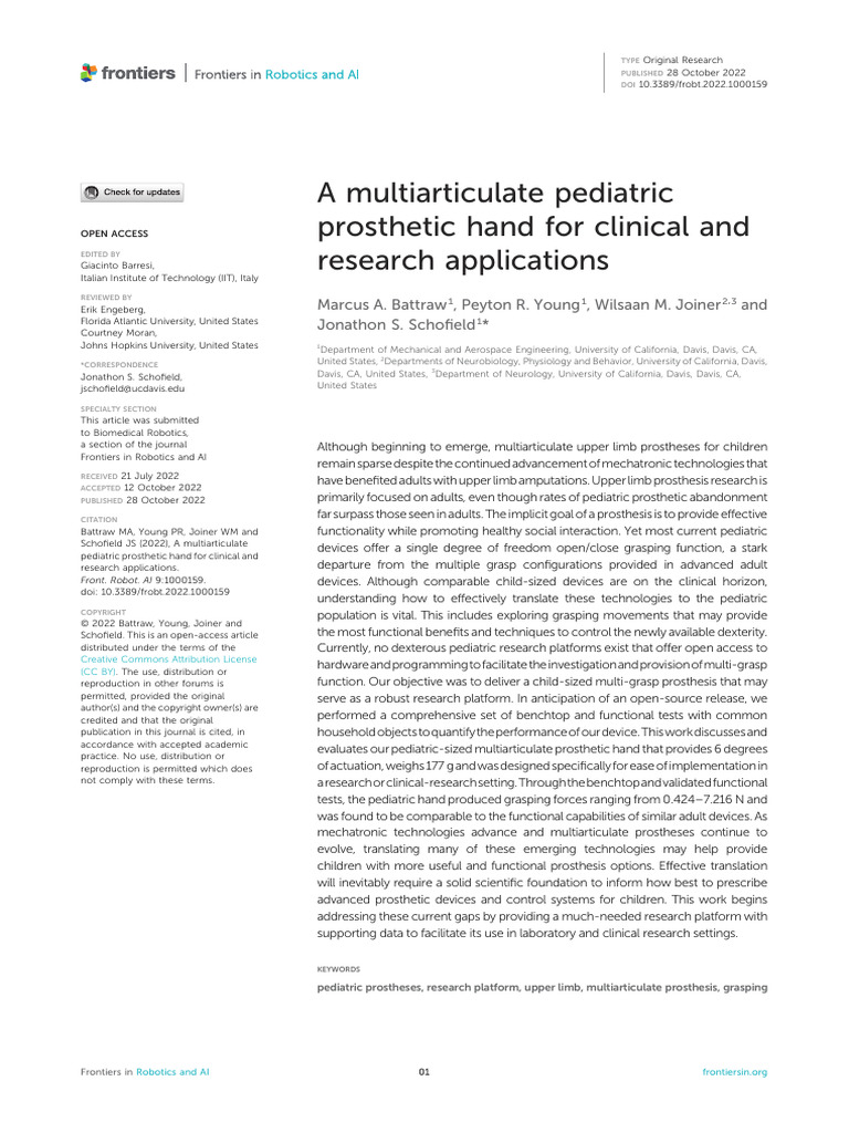 A Multiarticulate Pediatric Prosthetic Hand For CL | PDF | Prosthesis
