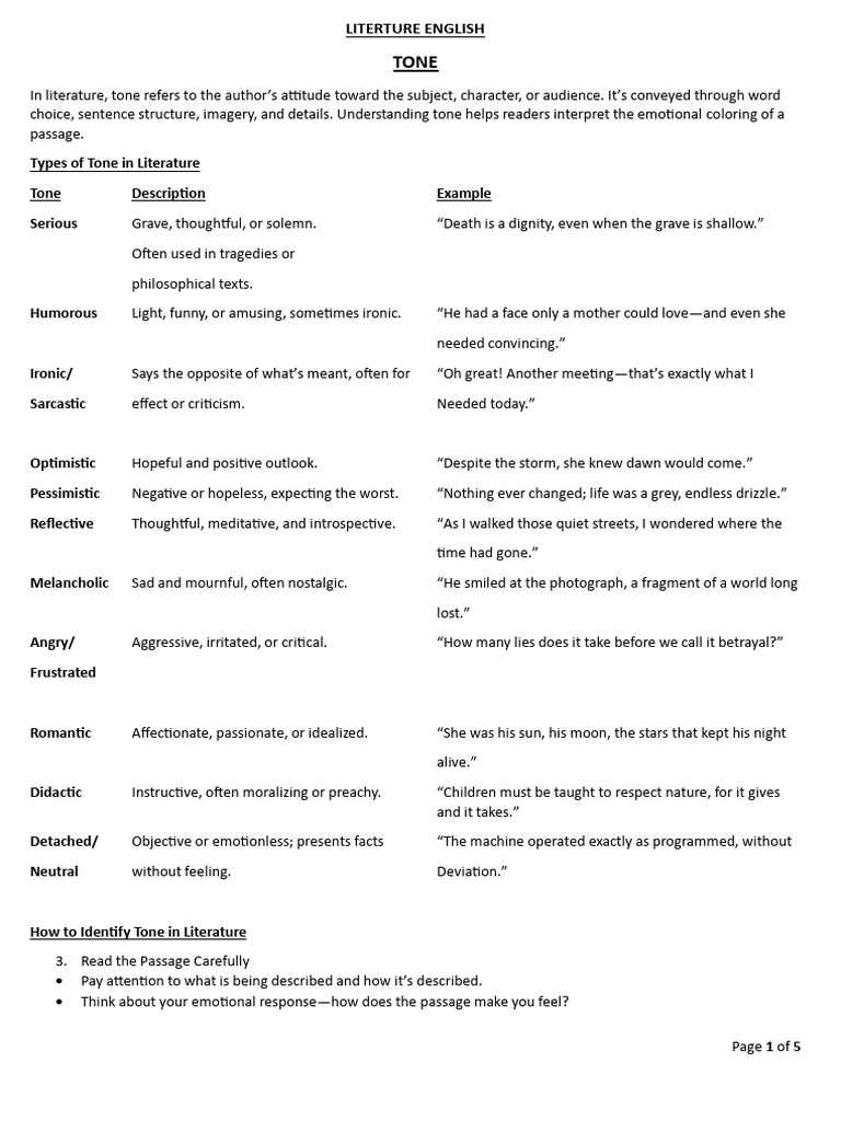 English - Tone and Mood in Literature | PDF | Anger | Mood (Psychology)