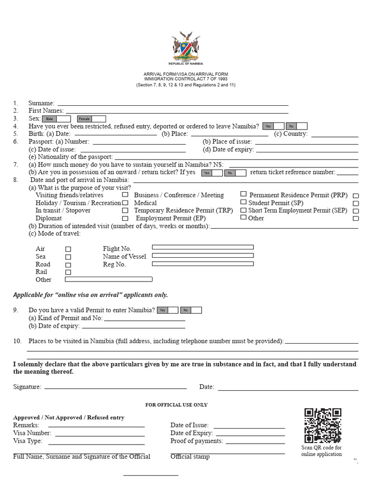 NTTF Namibia Arrival Form 2025 | PDF | Travel Visa | International Law