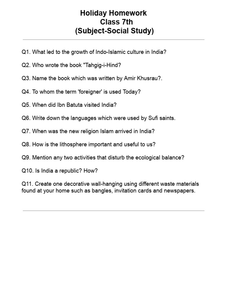 Class 7 Social Science Holiday Homework | PDF