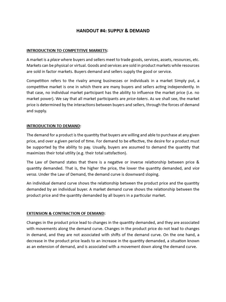 Handout #4 - Supply & Demand | PDF | Demand | Supply (Economics)