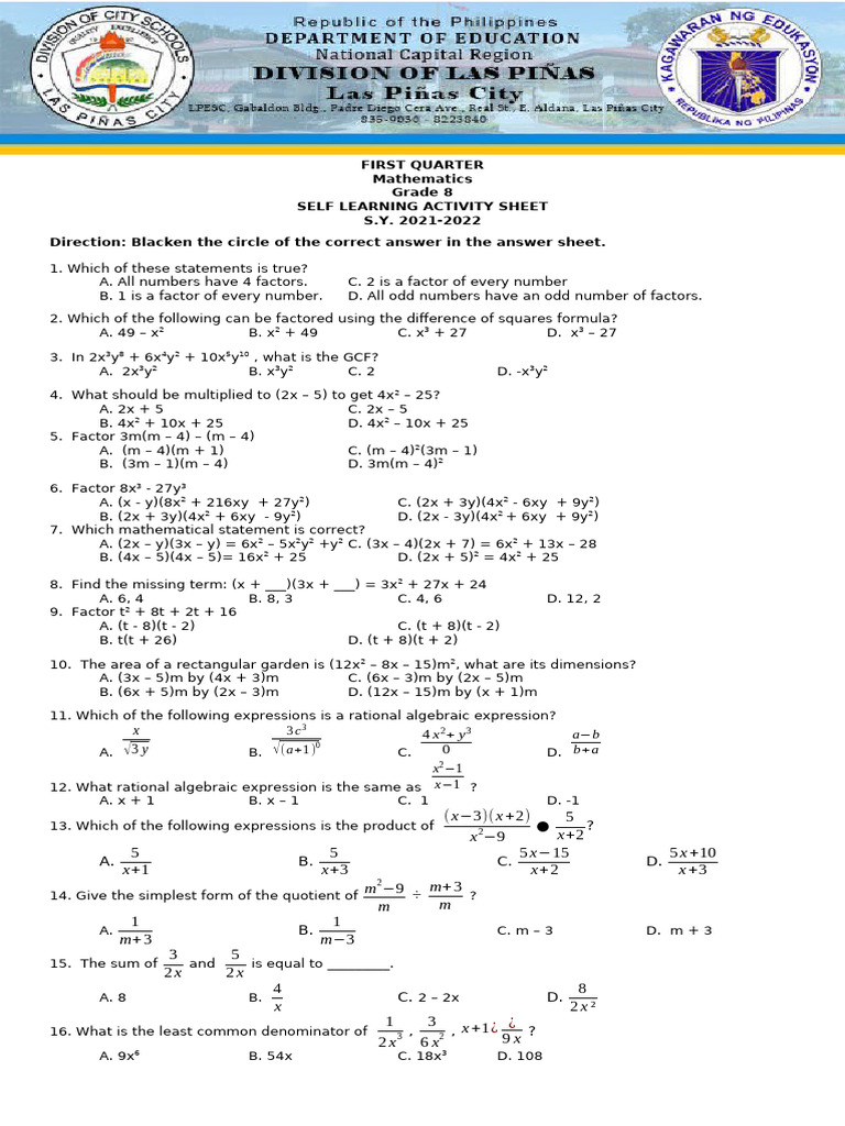 Q1 Self Learning Activity Sheet | PDF | Elementary Mathematics | Mathematical Concepts