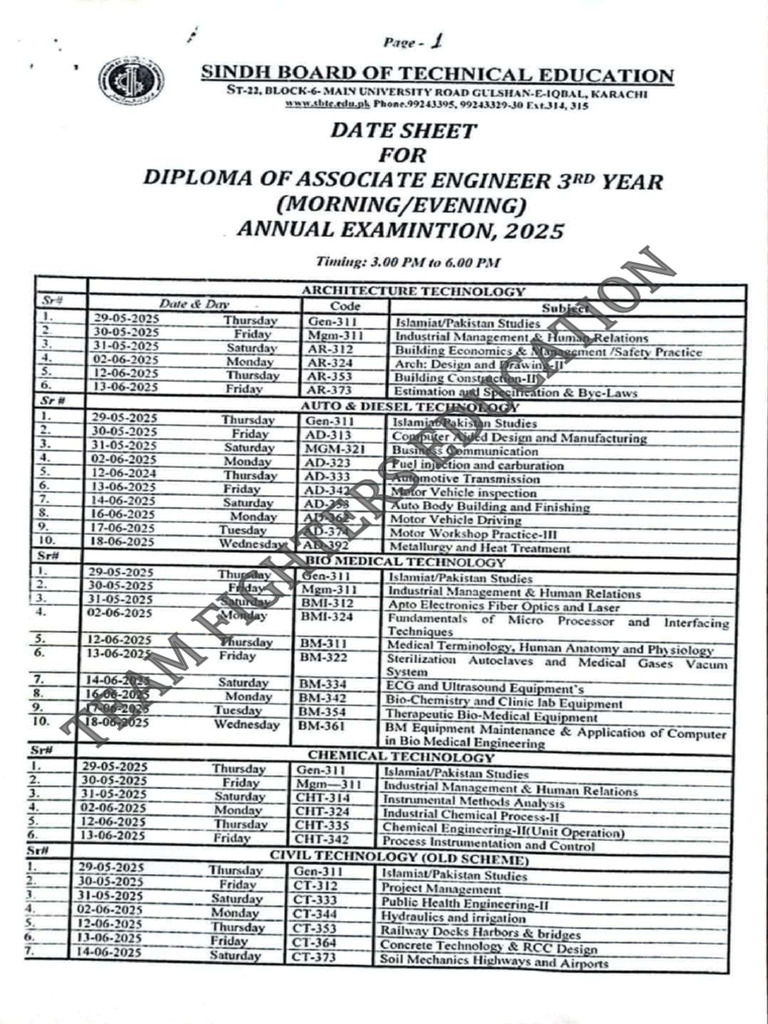 Dae 3RD Year Date Sheet 2025 | PDF