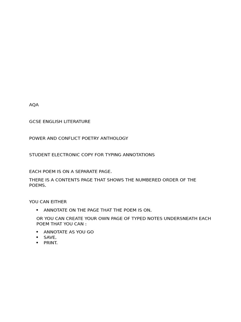 Power and Conflict Anthology - Word Document For Students | PDF