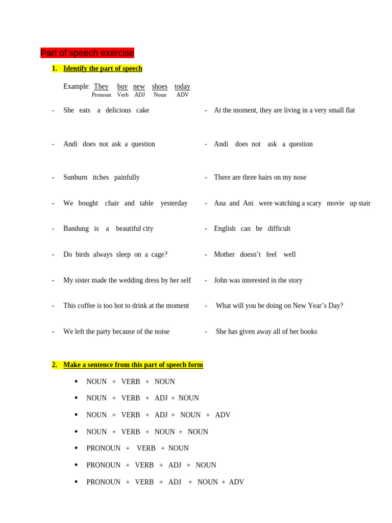 Part of Speech Exercise II | PDF