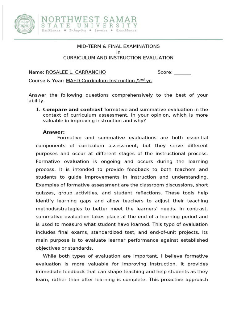 ROSALEE - CARRANCHO - Mid Term Final Exam Questionnires in Curriculum and Instruction Evalution ...