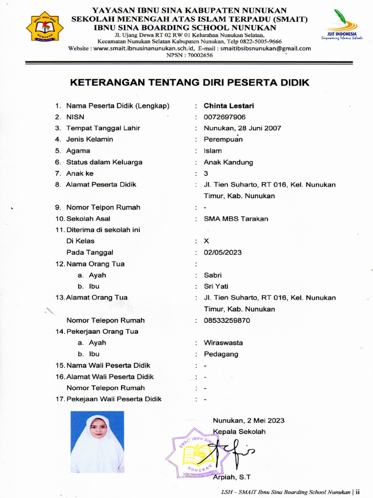Biodata Chinta Lestari | PDF