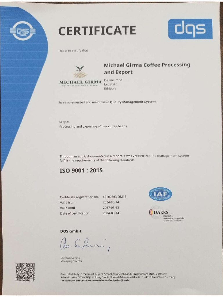 ISO MG Coffee Certificate | PDF