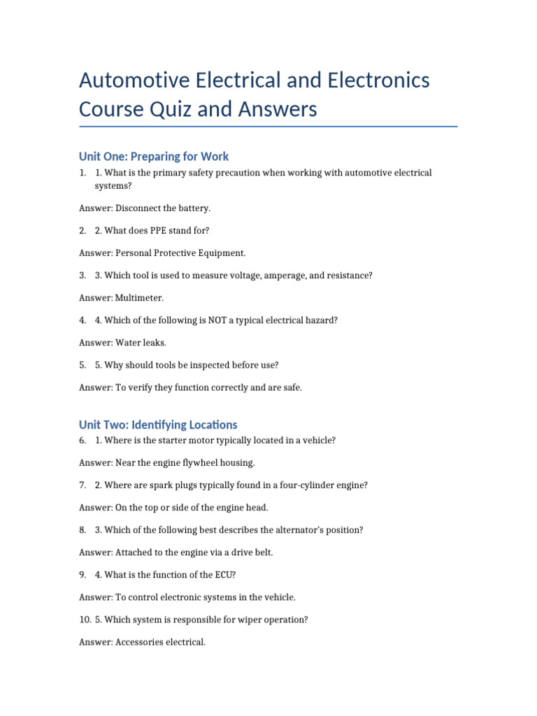 Automotive Electrical Quiz Answers | PDF | Electricity | Manufactured Goods