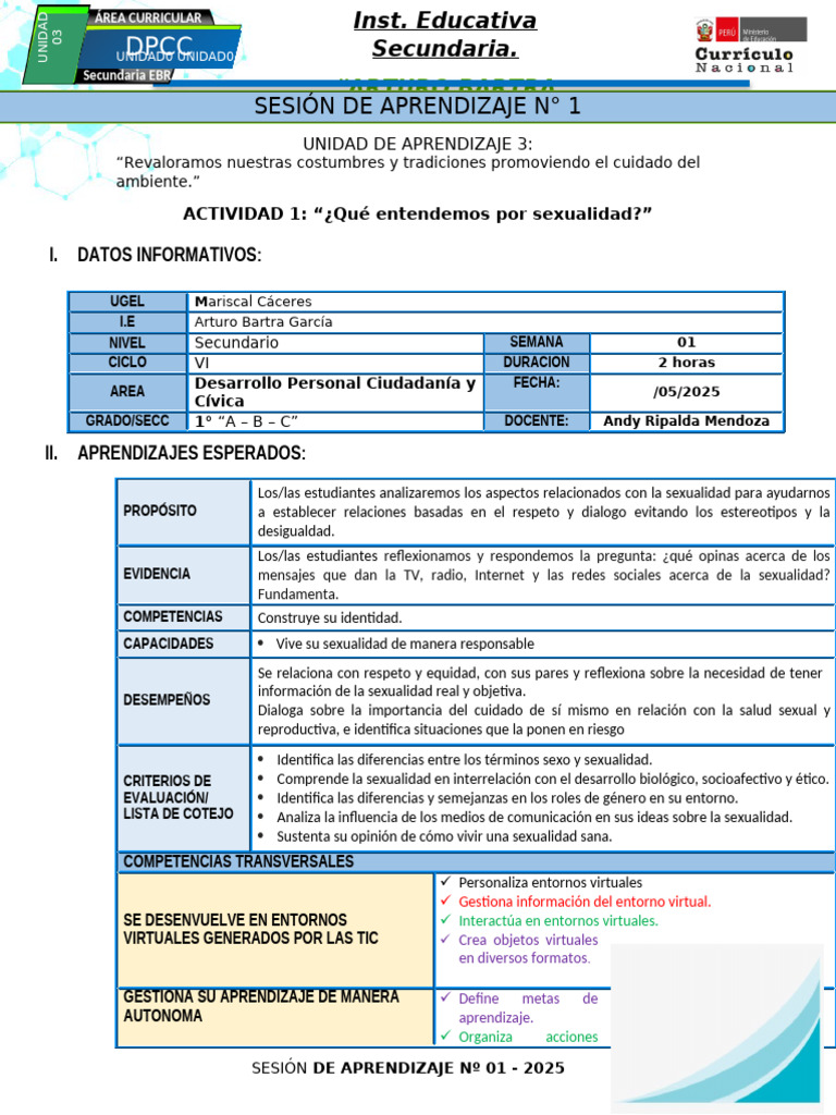1º DPCC - Ses 1 Uni 3 - Sem 01 | PDF | Aprendizaje | La sexualidad humana
