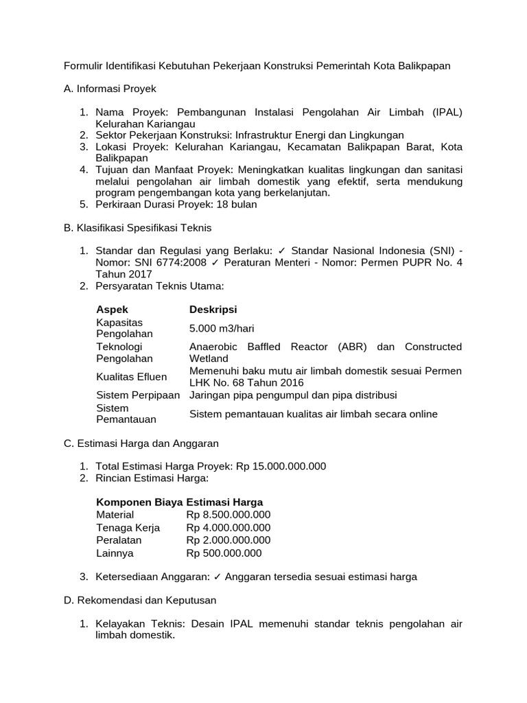 Contoh Form Identifikasi Kebutuhan IPAL | PDF