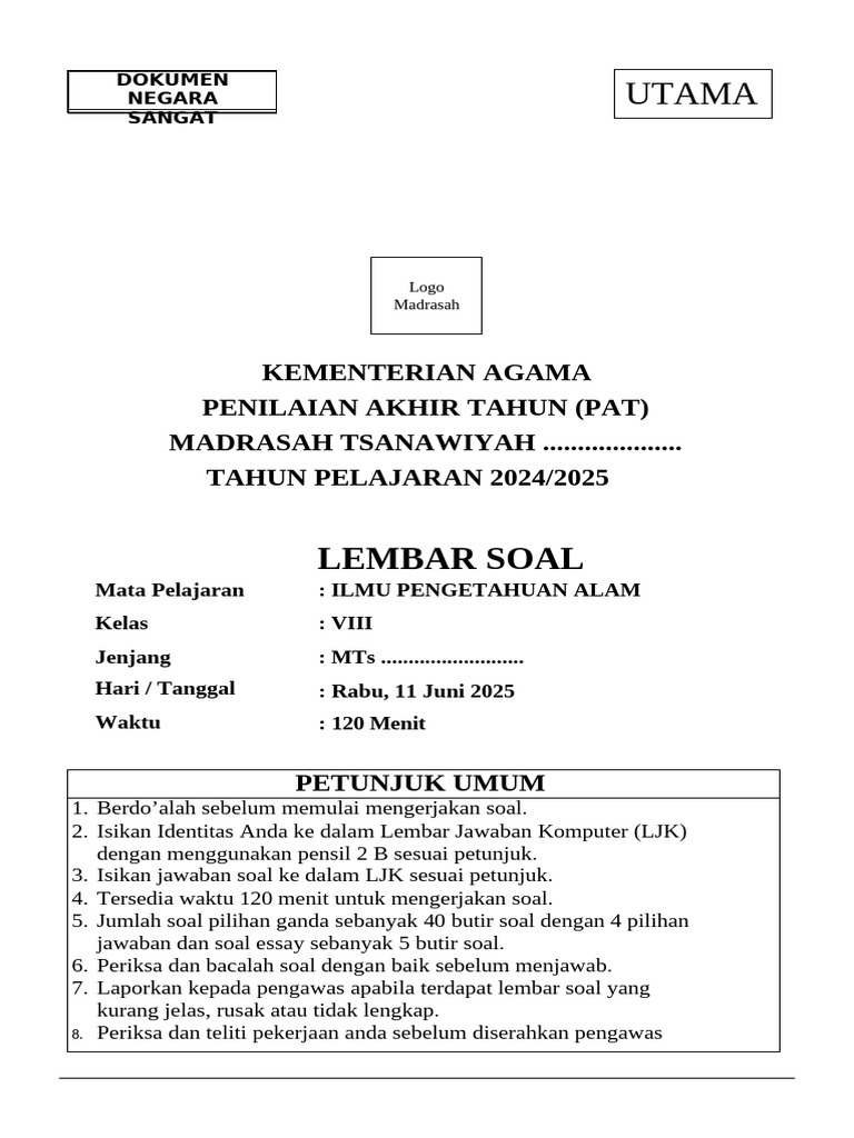 Naskah Pat Mapel Ipa Kelas 8 Paket 02 Tapel 2024-2025 | PDF