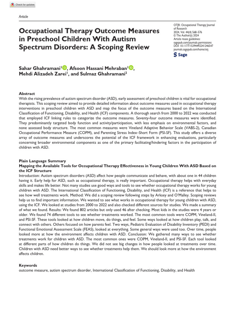 Ghahramani Et Al 2024 Occupational Therapy Outcome Measures in ...