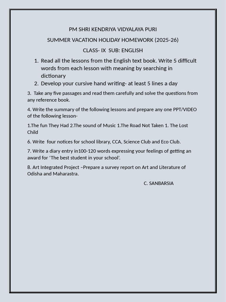 Holiday Homework-English-9 - 25-26 | PDF