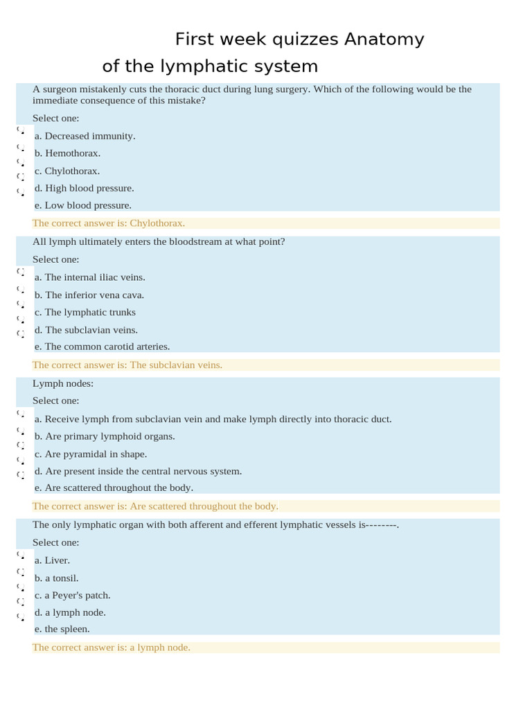 Anatomy Quizzes on Lymphatic System | PDF | Lymphatic System | Lymph Node