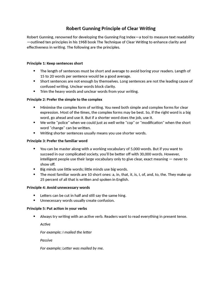 Robert Gunning Principle of Clear Writing | PDF | Sentence (Linguistics ...