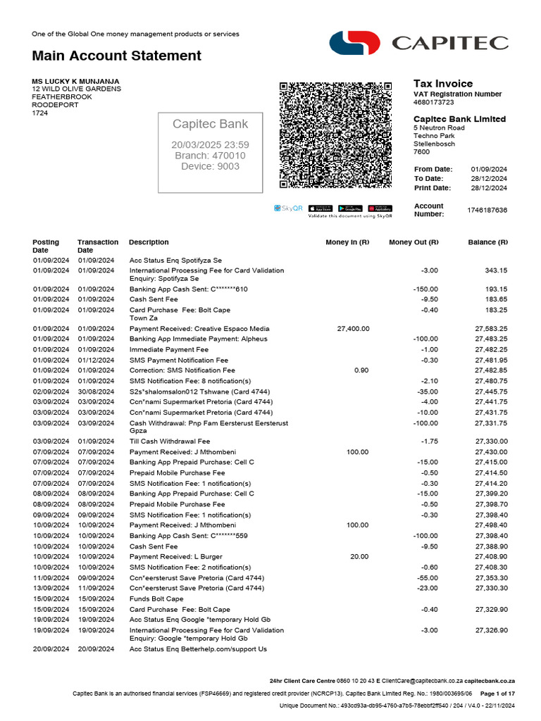 Bank Statement CAPITEC 2024 PDF | PDF | Payments | Cash