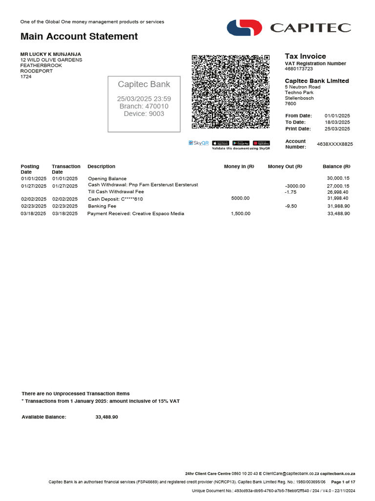 Bank Statement CAPITEC 2025pdf | PDF | Banks | Value Added Tax