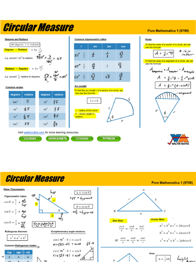Pure 1 (9709) Circular Measure Cheat Sheet | PDF