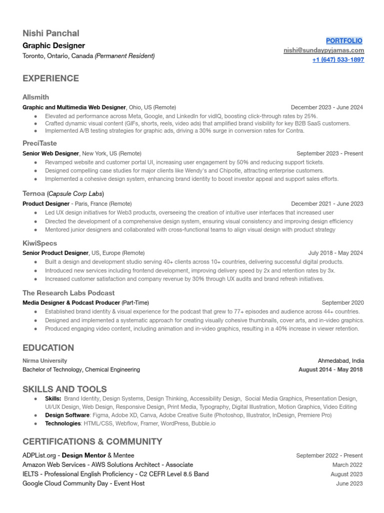 Graphic Designer - Nishi Panchal - Resume - Canada | PDF | Web Design | Computing