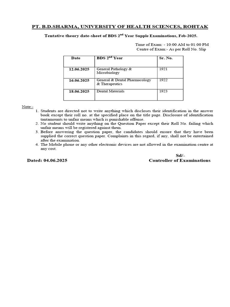 Theory Date Sheet of Bds 2nd Year | PDF