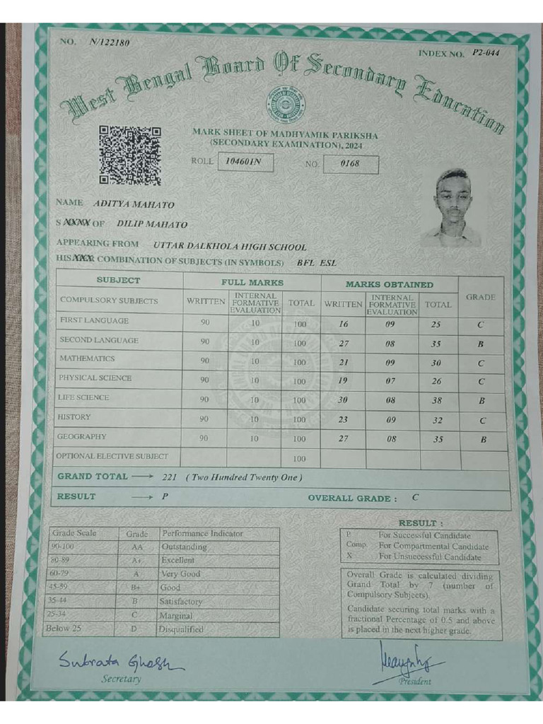Aditya Mahato Marksheet | PDF
