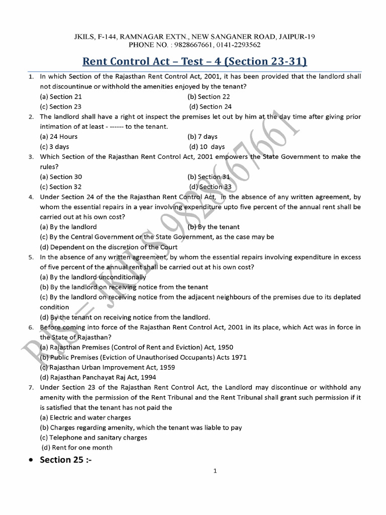 Rent Control Act - Test - 4 (Section 23-31) | PDF