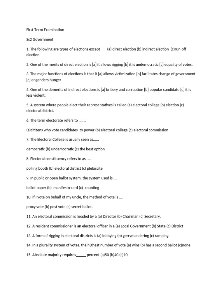 Ss2 Government Exam | PDF | Elections | Voting