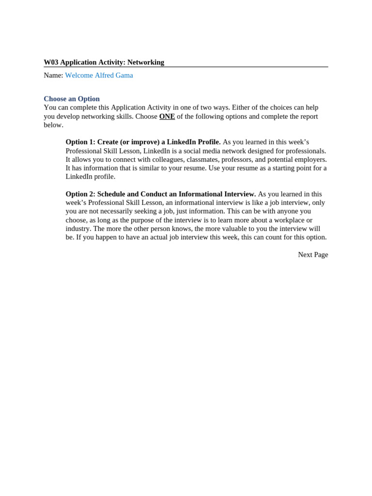 Welcome Alfred Gama Pc102 - w03 - Document-Applicationactivity-Networking-Template | PDF | Job ...