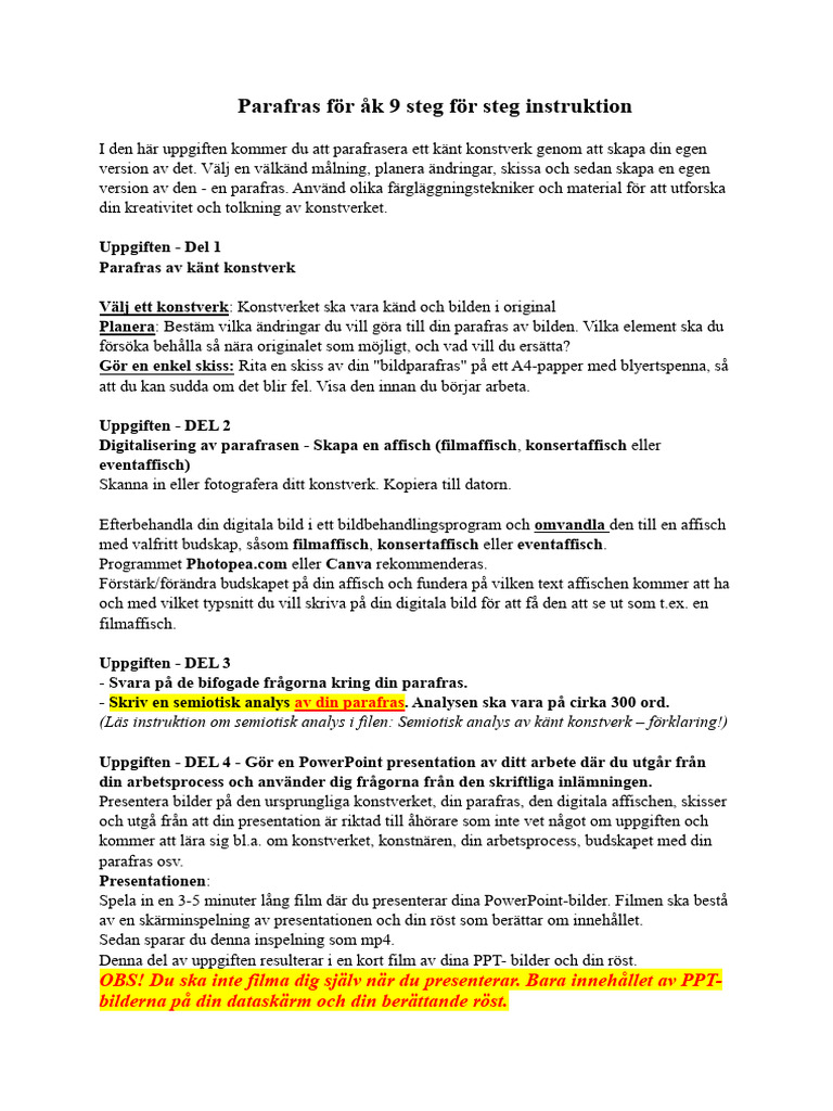 Parafras För Åk 9 Steg För Steg Instruktion | PDF