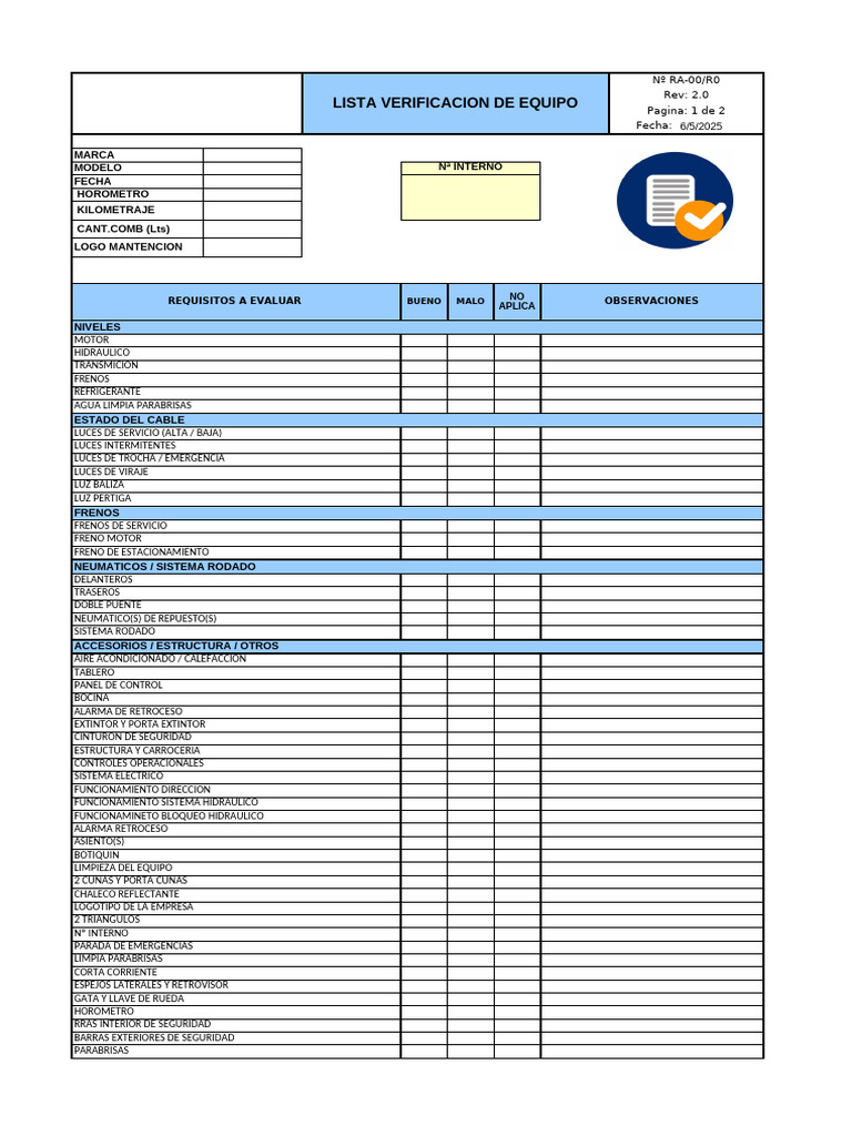 Lista de Verificación de Equipos Pesados | PDF | Neumático | Eje