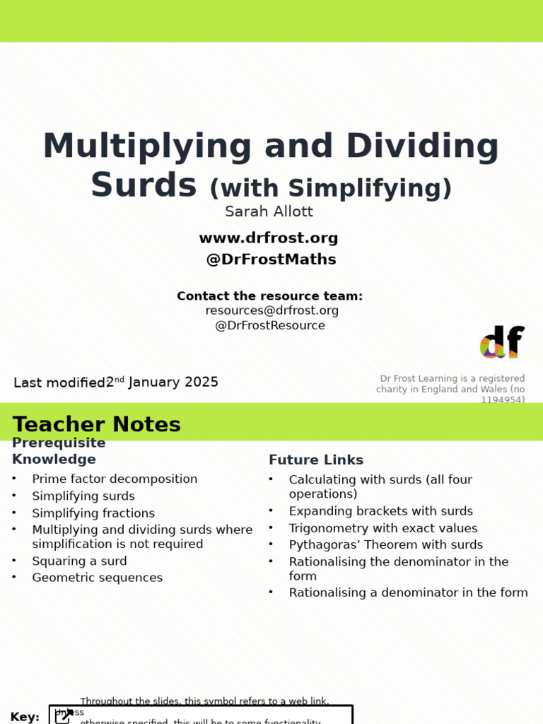 Multiplying and Dividing Surds With Simplifying - Lesson | PDF | Multiplication | Square Root