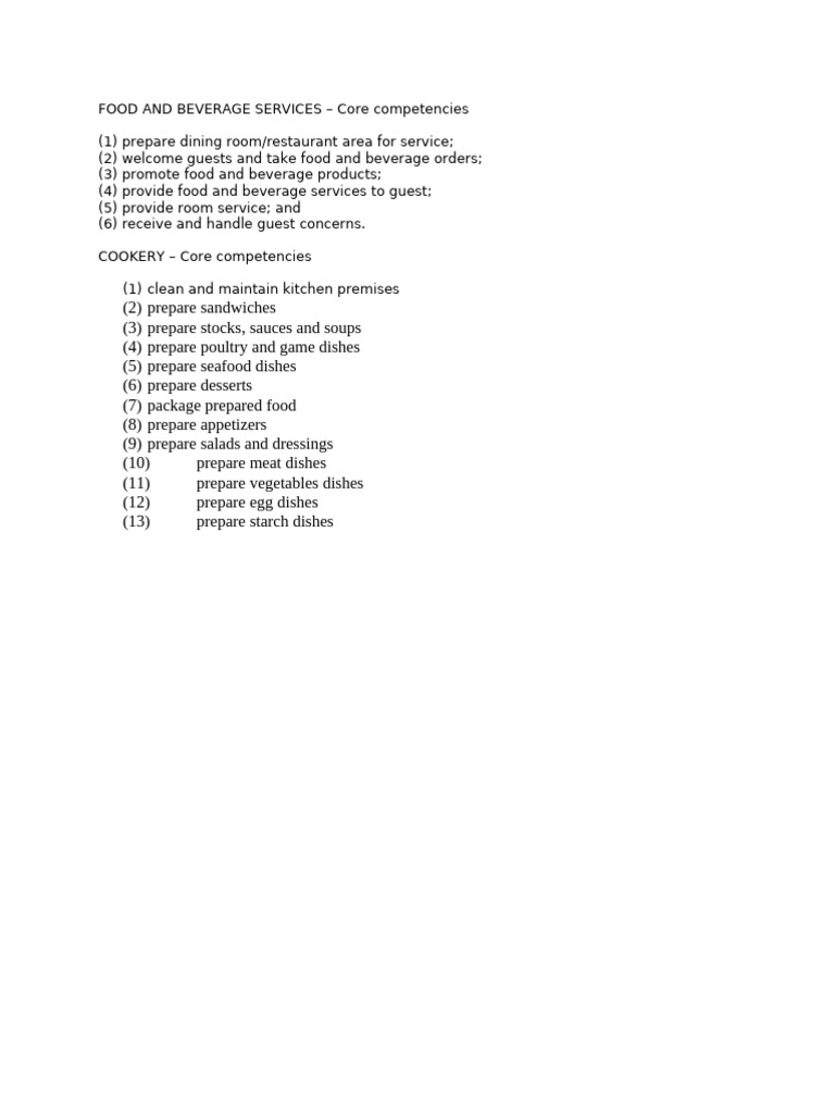 Fbs&Cookery - Core Competencies | PDF