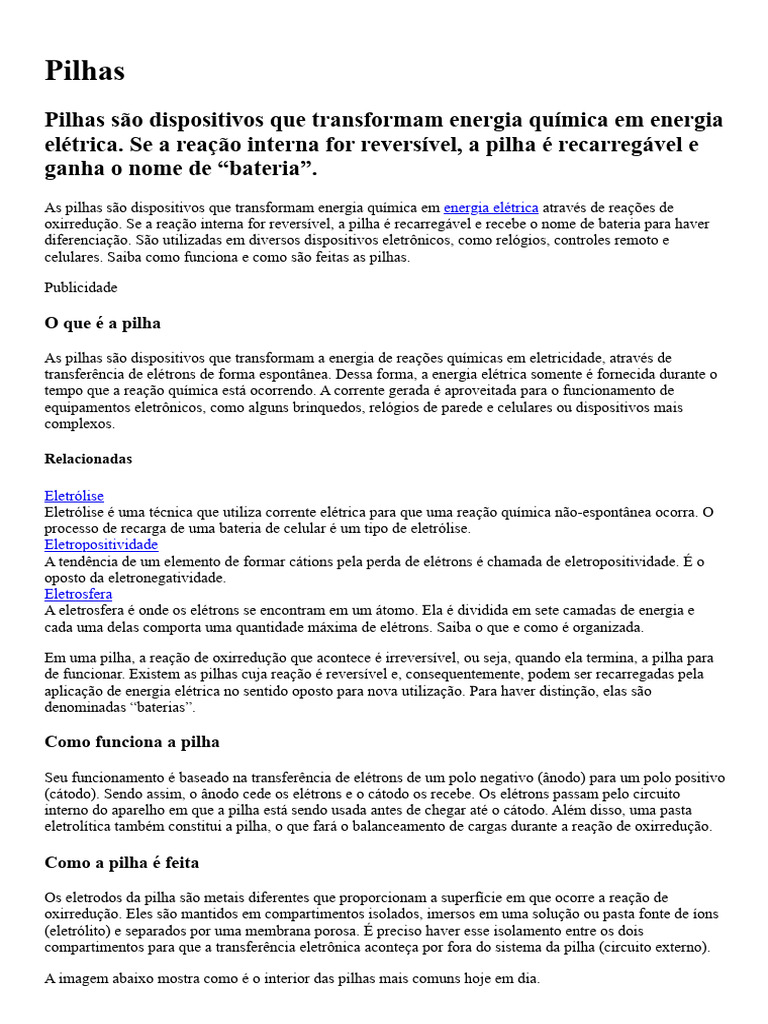 Pilhas_ o Que São, Como Funcionam e Tipos de Dispositivos | PDF ...