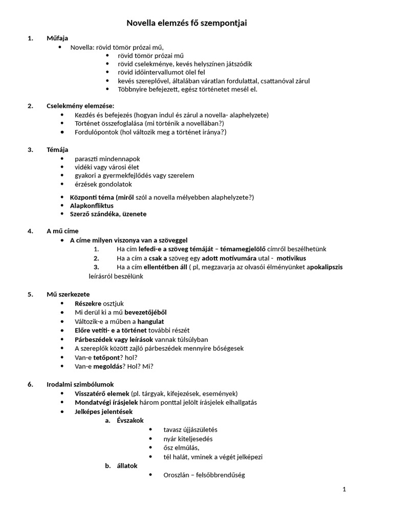 Novella Elemzés Szempontjai | PDF