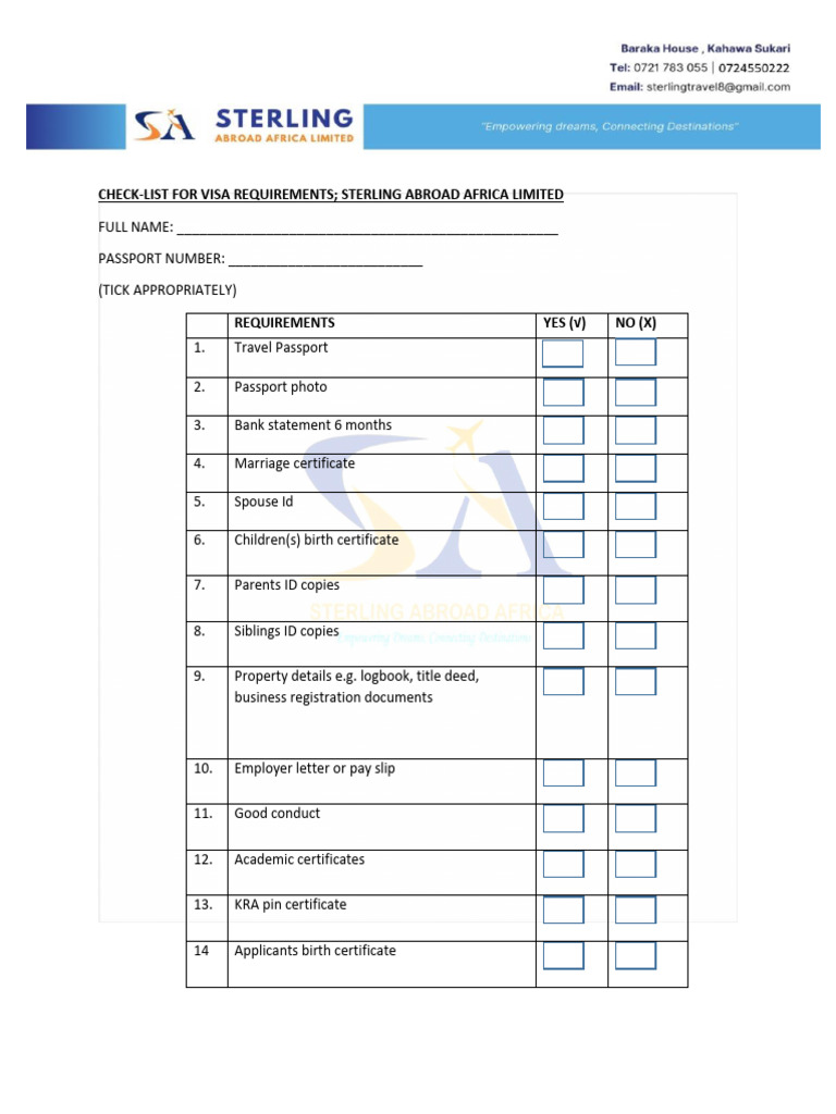 Visa Requirements Check List | PDF