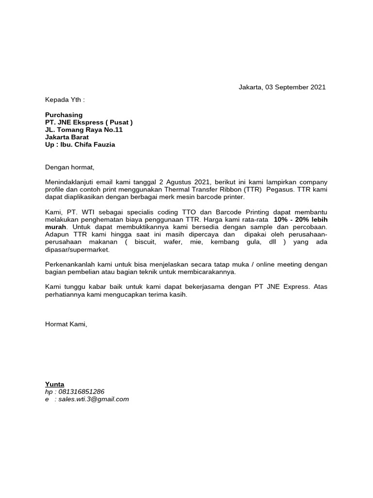 Surat Perkenalan PT Jne Pusat | PDF