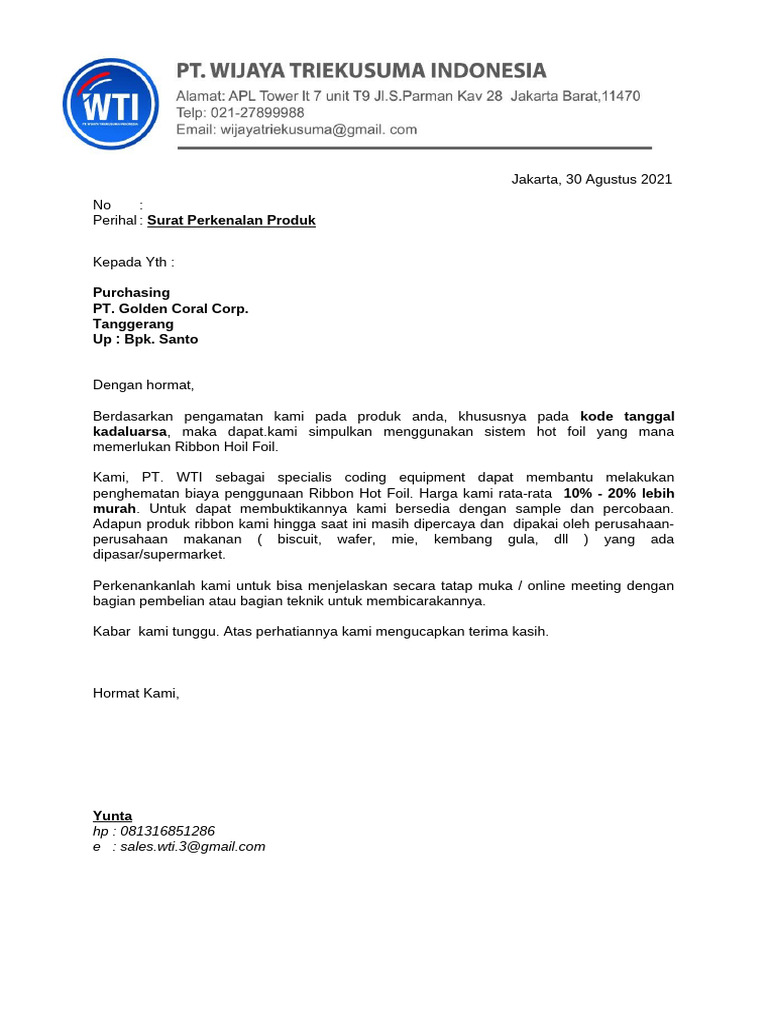 Surat Perkenalan PT Golden Coral | PDF