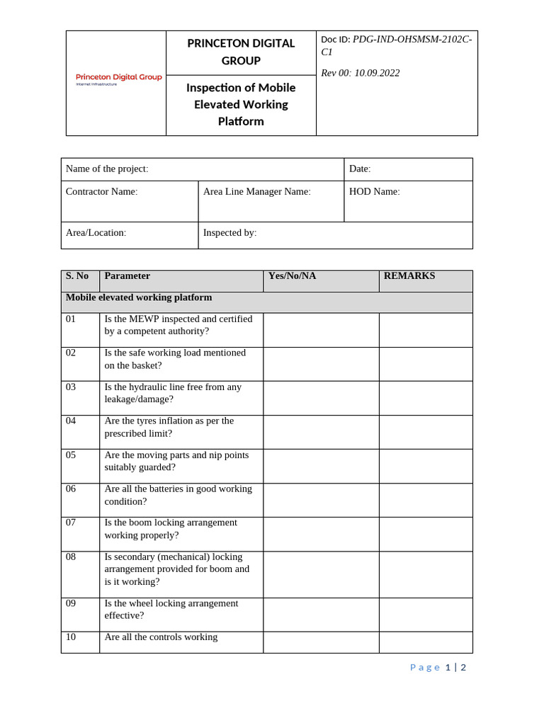 Mobile Elevated Platform Inspection Checklist | PDF | Manufactured ...