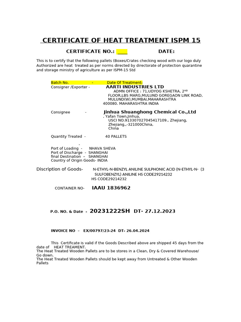 ISPM 15 Heat Treatment Certificate | PDF