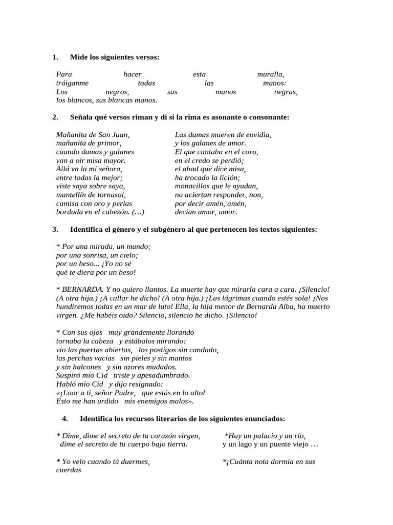 Ejercicios Métrica-3ºeso | PDF | Rima | Poética